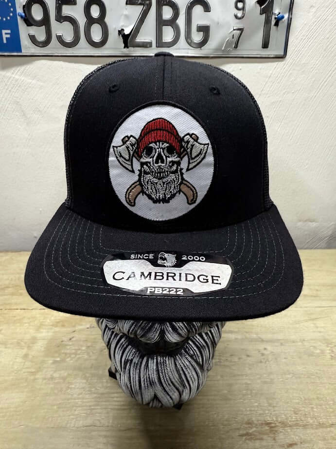 Lumber Jack Trucker Hat With Beard Skull Embroidered Patch
